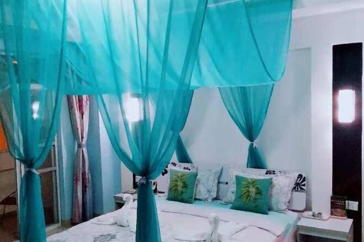 Quarto com cama, almofadas e dossel.