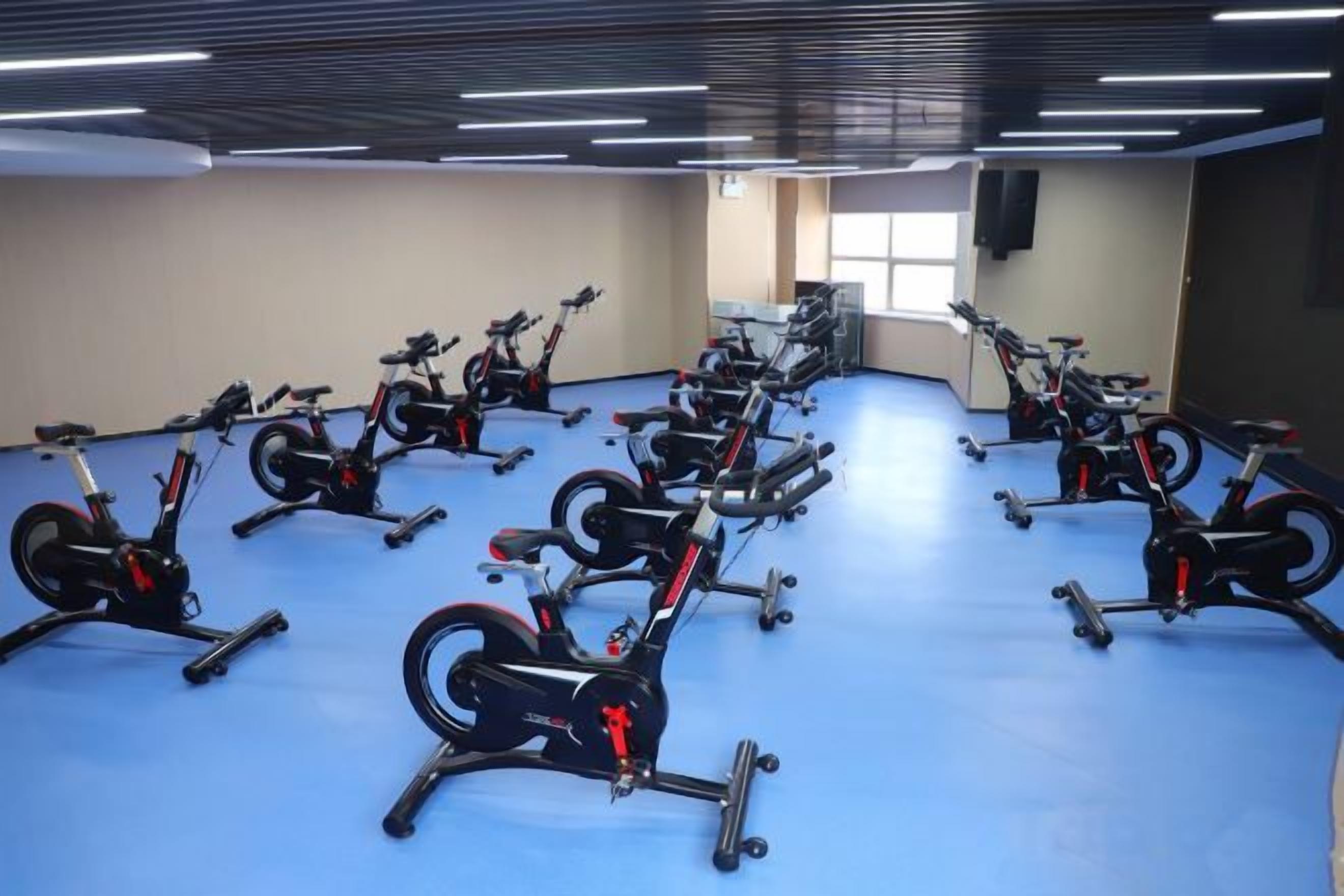 Uma academia com bicicletas ergométricas dispostas em fileiras.