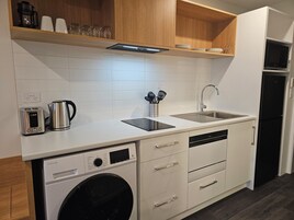 Quarto Twin Premium | Cozinha privada | Um frigorífico/congelador grande, um micro-ondas, uma placa de cozinha 
