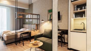 Estúdio, várias camas, kitchenette (30SQM) | Cofre com capacidade para portátil, secretária