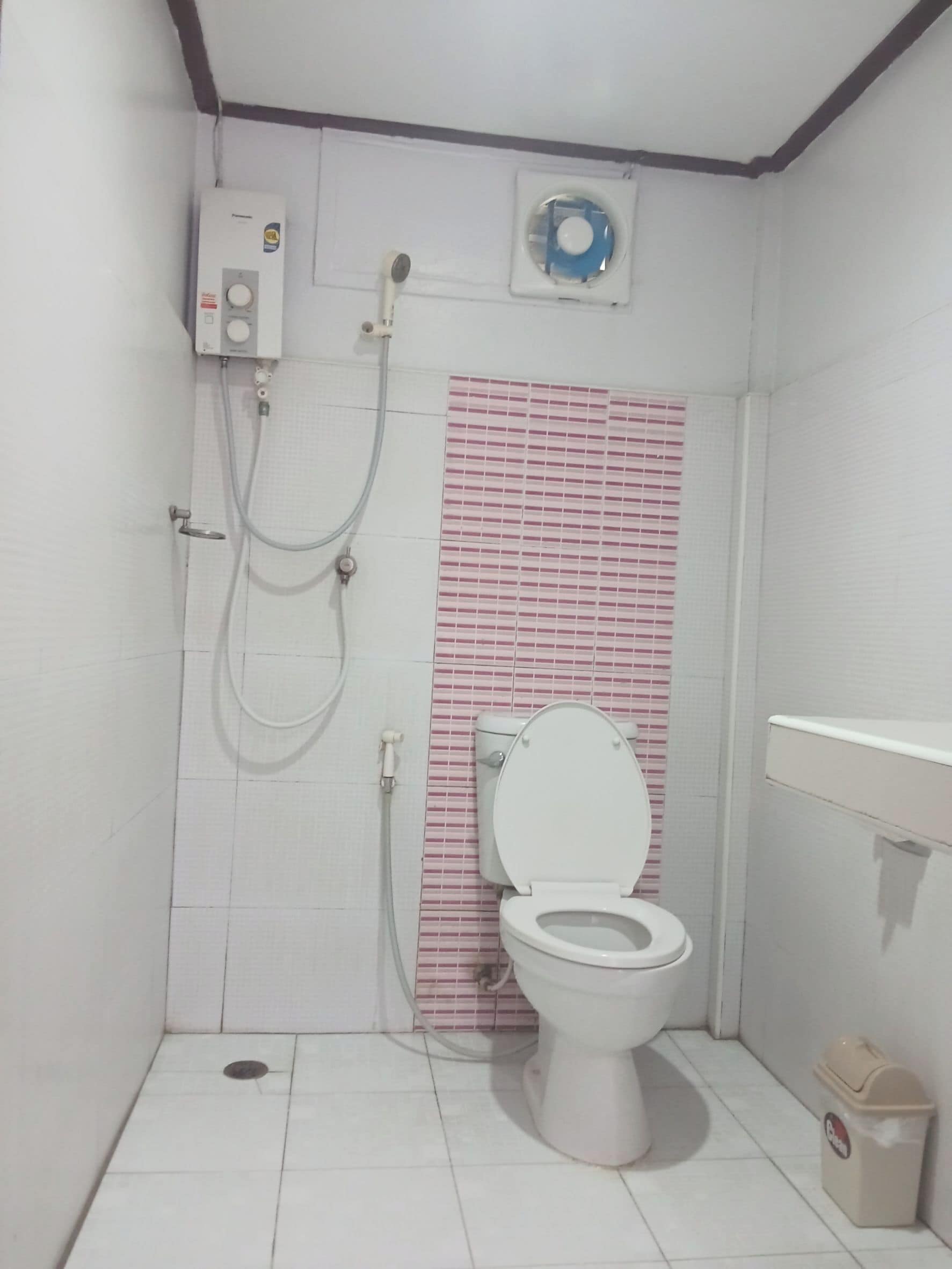 Uma casa de banho pequena e branca, com sanita, chuveiro e aquecedor fixado na parede.