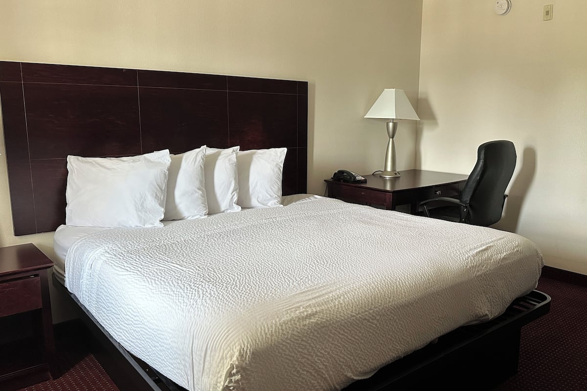 Quarto de hotel com uma cama grande, uma escrivaninha com luminária, uma cadeira e um telefone na mesinha de cabeceira.