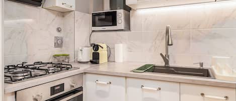 Apartamento luxo | Cozinha privada | Geladeira grande, micro-ondas, fogão, cooktop