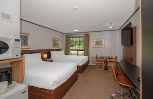 Quarto de hotel com duas camas, uma escrivaninha, uma cadeira, uma televisão e janela com vista para área verde.