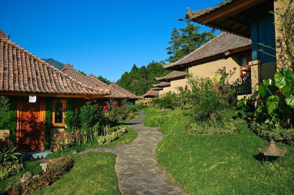 Uma trilha serpenteia por uma aldeia tradicional, com construções de palha e muita vegetação.
