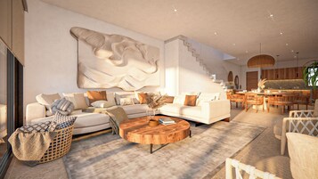 Penthouse Panorâmica, varanda, vista para o mar | Sala de estar | Smart TV de 50 polegadas com canais digitais