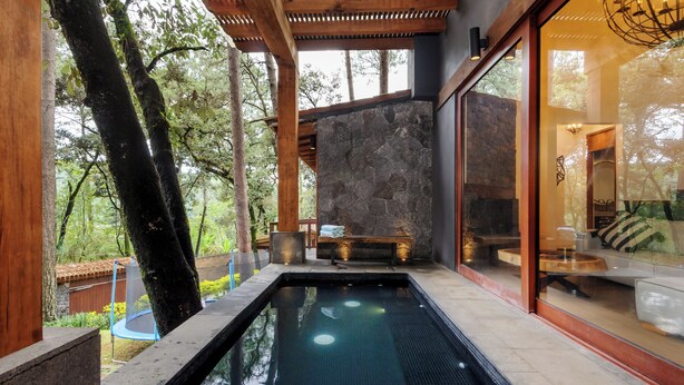 Área de piscina com paredes de pedra e vigas de madeira, cercada por portas de vidro e vista para árvores.