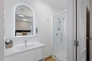Apartamento, 1 quarto | Casa de banho | Artigos de higiene ecológicos, um secador de cabelo, toalhas fornecidas 