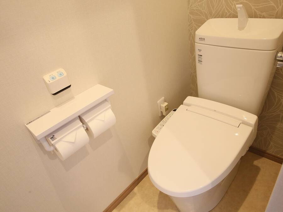 Um banheiro moderno com vaso sanitário, suporte para papel higiênico e aquecedor de água.