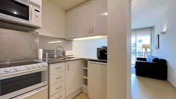 Um frigorífico/congelador grande, um micro-ondas, um forno