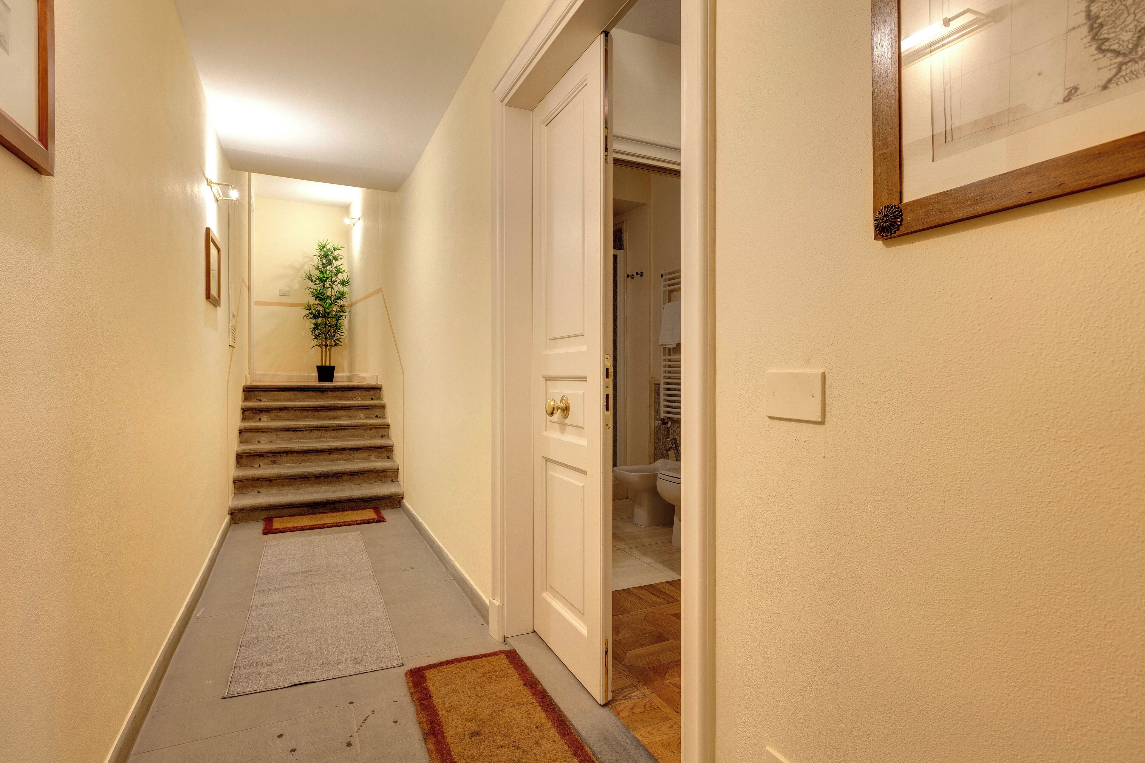 Um corredor com piso revestido de carpete, um vaso de planta, uma escada e uma porta que dá para o banheiro.