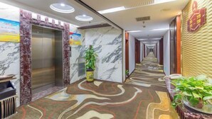 Corredor de hotel com paredes de mármore, elevador, carpete estampado e plantas em vasos.
