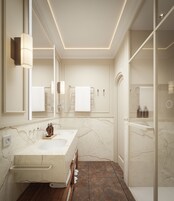 Uma casa de banho moderna com uma grande lavatório de mármore, dois espelhos e cabine de duche em vidro.