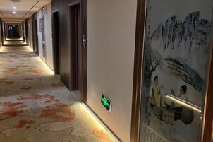 Corredor de hotel com carpete estampado, portas e uma obra de arte na parede.
