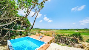 Piscina com deck de madeira, cercada por uma grade e árvores, com vista para uma paisagem verde.