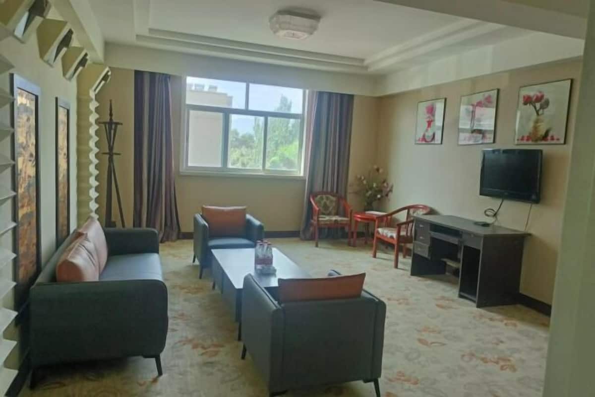 Uma sala de estar com sofá, poltronas, mesa de centro, televisão e obras de arte nas paredes.