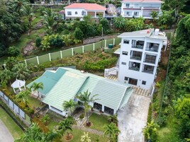 Um edifício de vários andares com telhado verde, cercado por vegetação exuberante e palmeiras.
