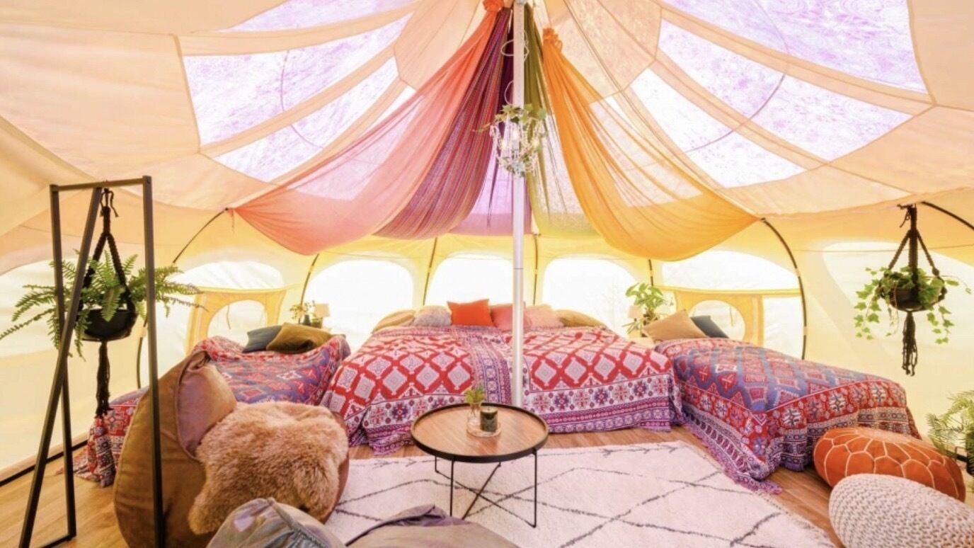 Um quarto com tenda, com cama, almofadas, uma mesinha e plantas penduradas.