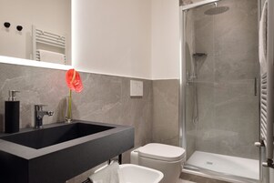 Chuveiro, secador de cabelo, toalhas de banho, sabonete