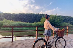 Uma pessoa em um deck de madeira, com uma bicicleta, observando um corpo d'água calmo e vegetação densa.
