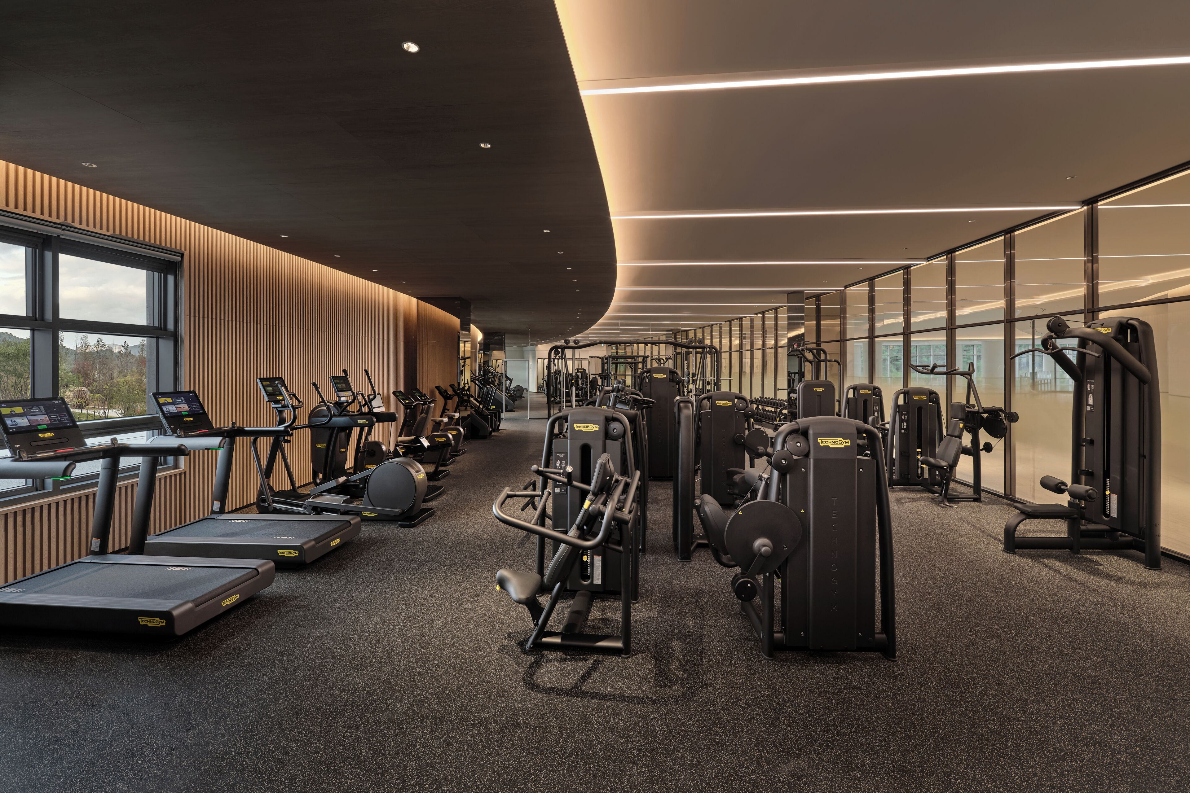 Uma academia moderna com esteiras, aparelhos de musculação e equipamentos de cardio.