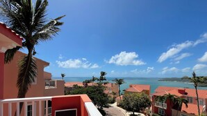 Um bairro residencial com casas de telhado vermelho, uma palmeira e vista para o mar.