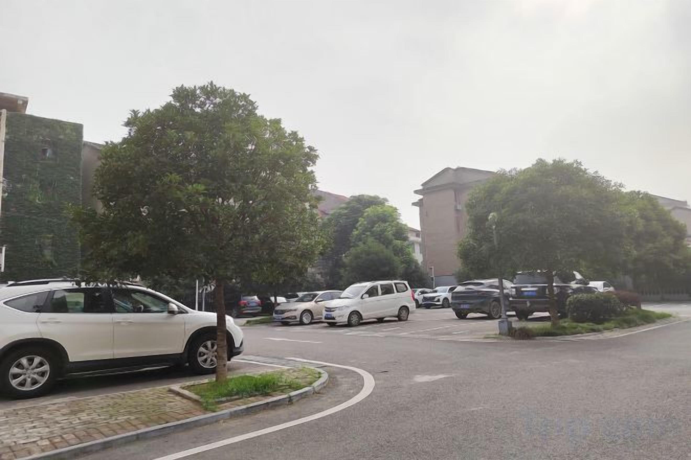 Estacionamento com carros e um edifício ao fundo.