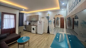 Um espaço habitável compacto com sofá, mesa de centro, cozinha com máquina de lavar e área de jantar com mesa azul.