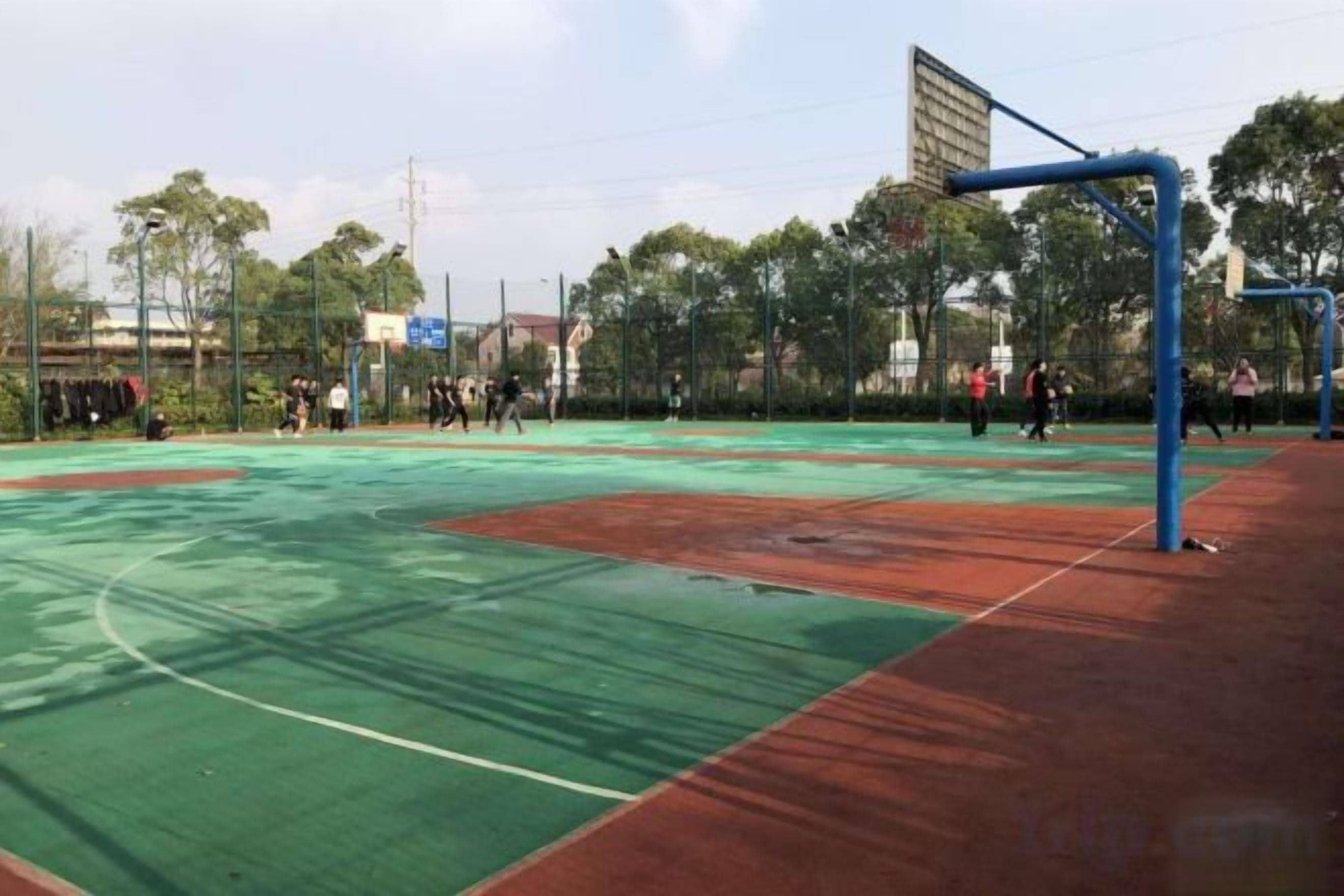 Quadra de basquete ao ar livre com aro azul, rodeada por árvores e céu aberto.