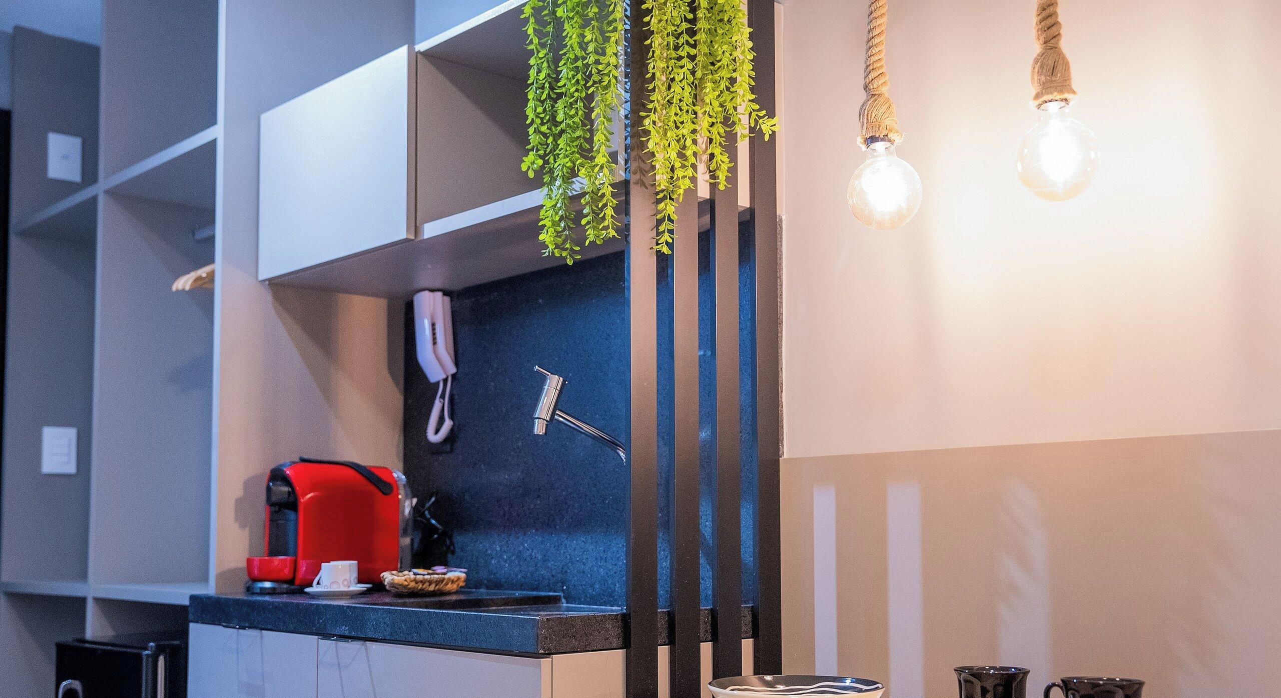 Cozinha moderna com cafeteira, telefone e plantas penduradas.