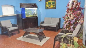Sala de estar com aquário, dois sofás e árvore de Natal.
