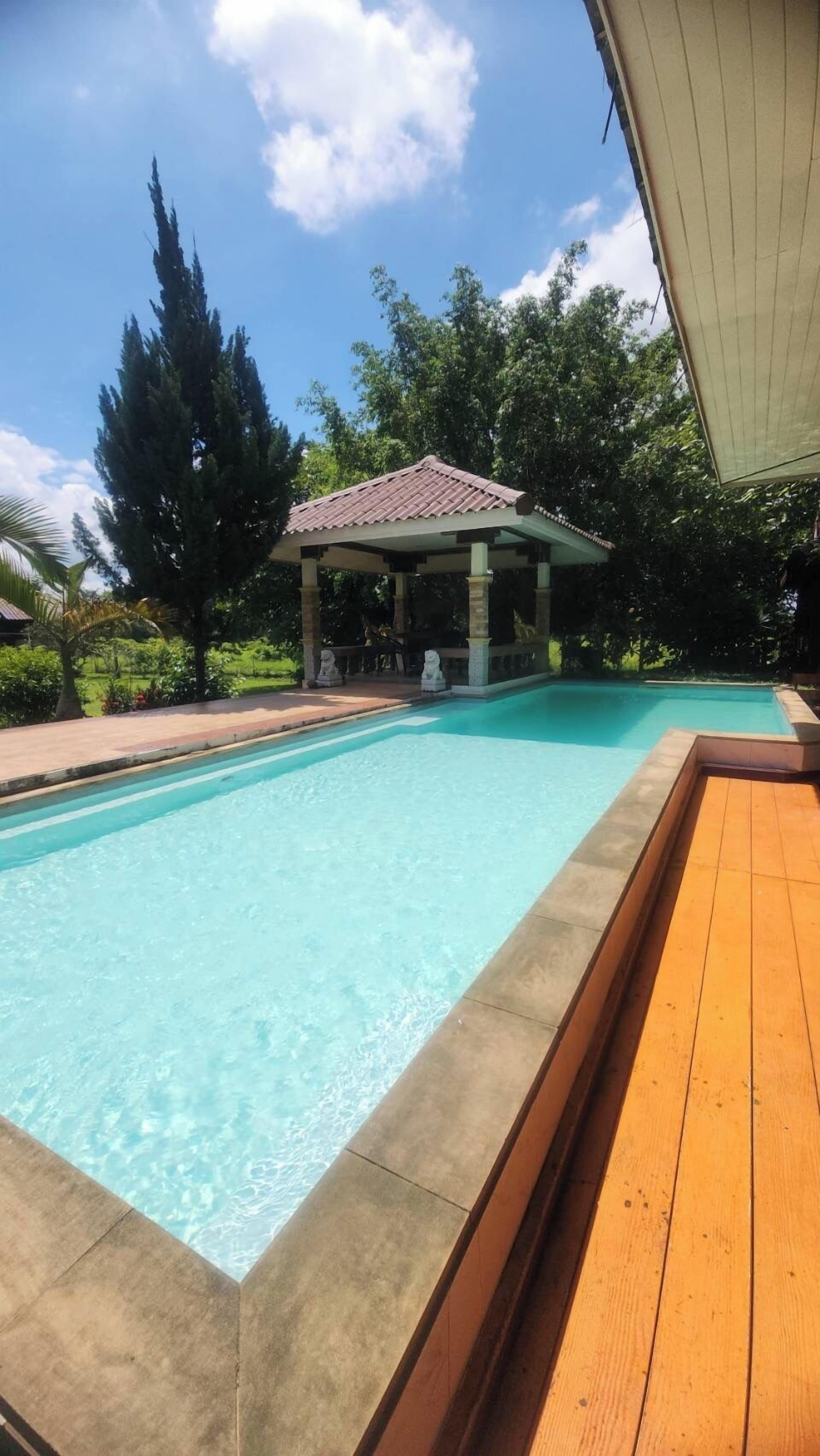 Piscina retangular com área de deck revestida em azulejos, rodeada por vegetação e árvores.