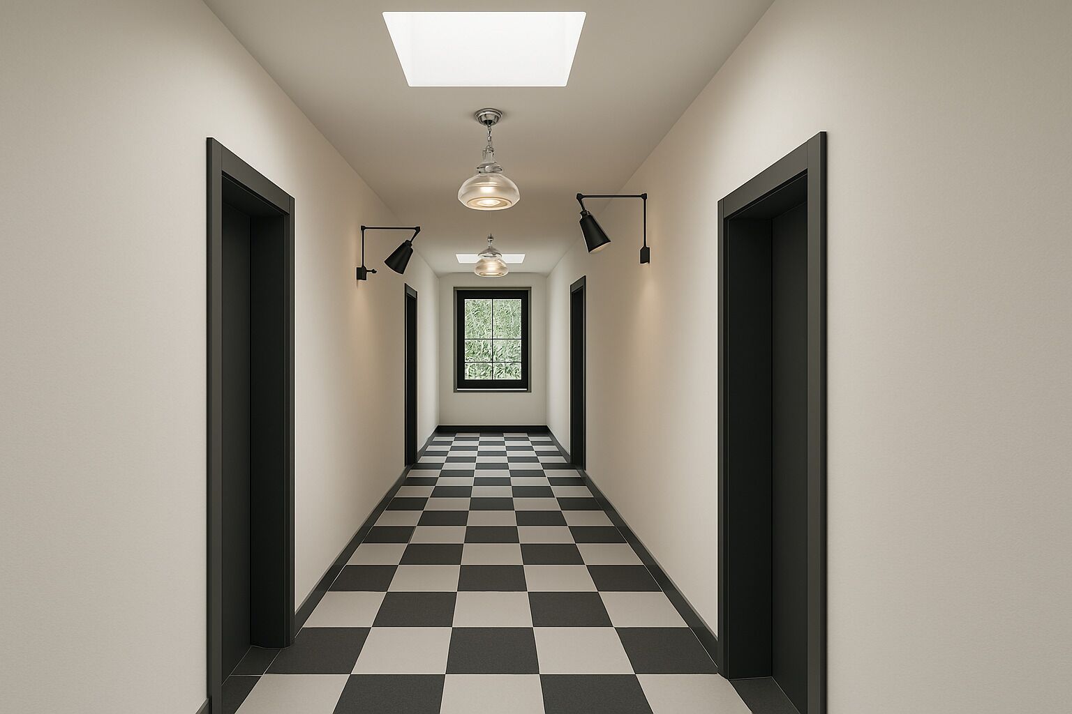 Um corredor com piso xadrez, paredes em preto e branco e um claraboia.