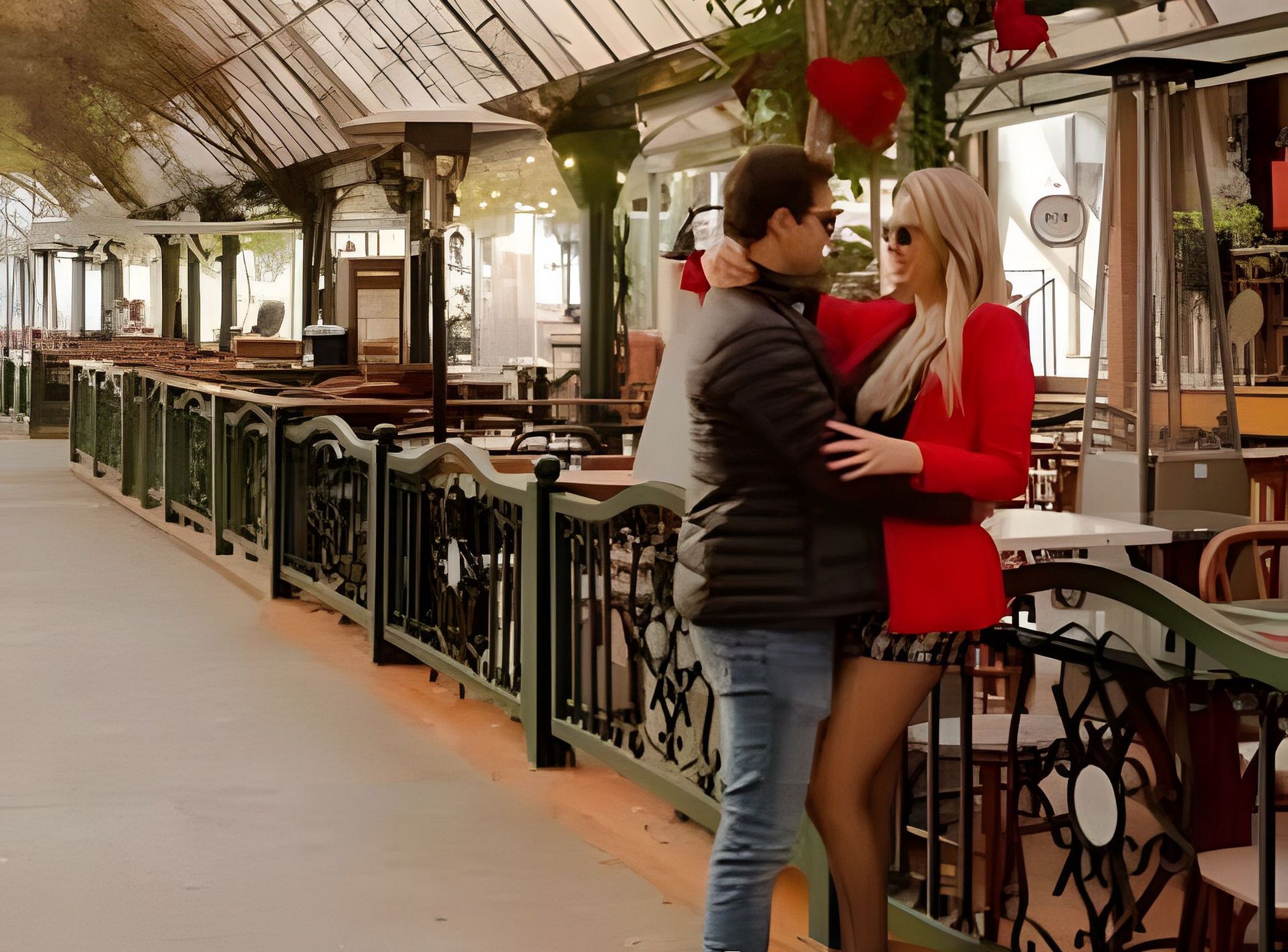 Um casal se abraçando em uma área externa coberta, com mesas e cadeiras, e uma placa indicando '2/10'.