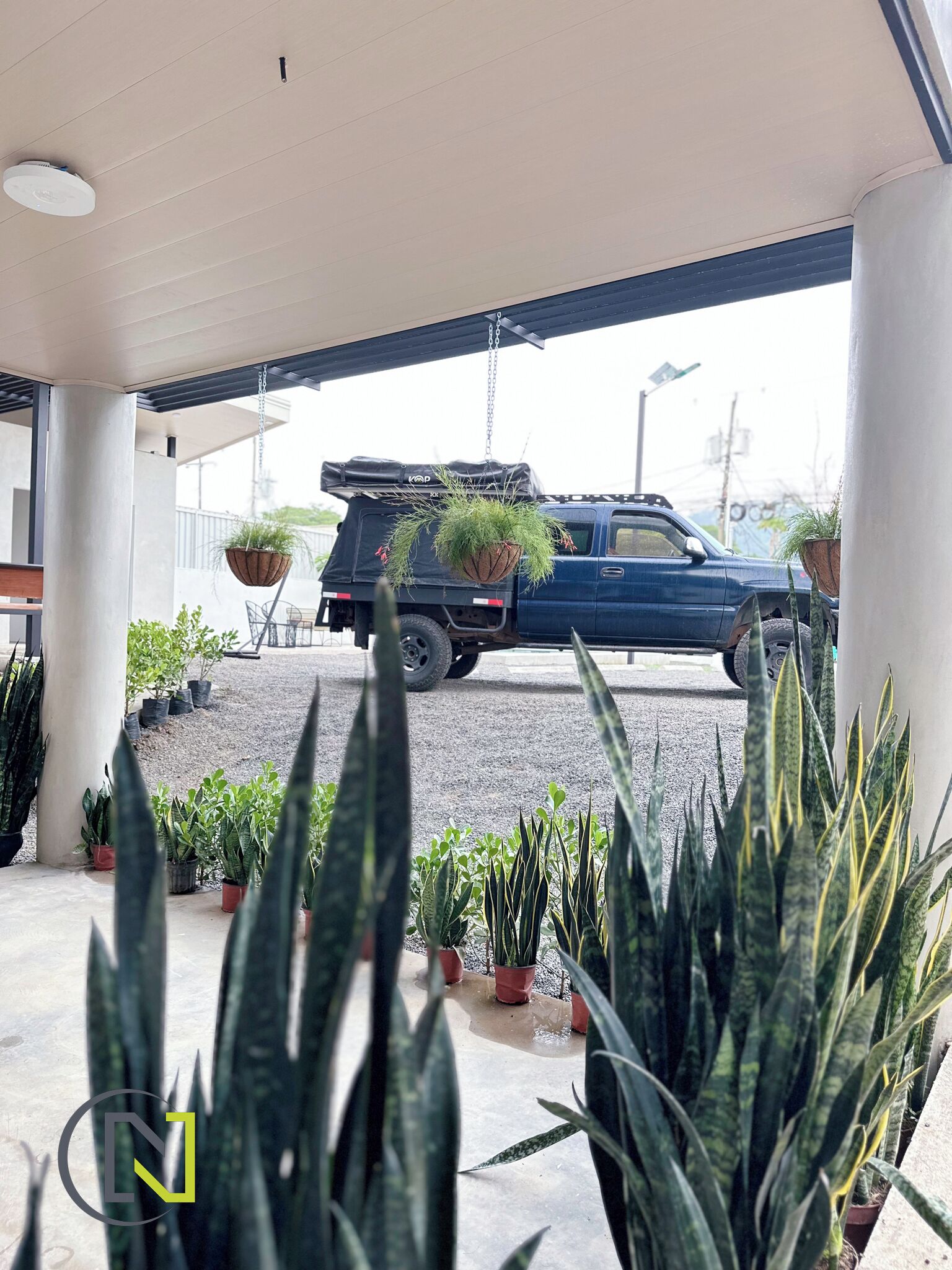 Um caminhão azul estacionado sob uma cobertura com plantas em vasos e teto branco.