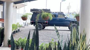 Um caminhão azul estacionado sob uma cobertura com plantas em vasos e teto branco.