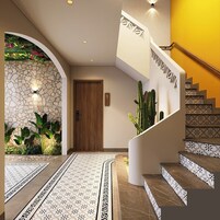 Um interior moderno com uma escadaria curva, uma parede de pedra e uma porta de madeira.