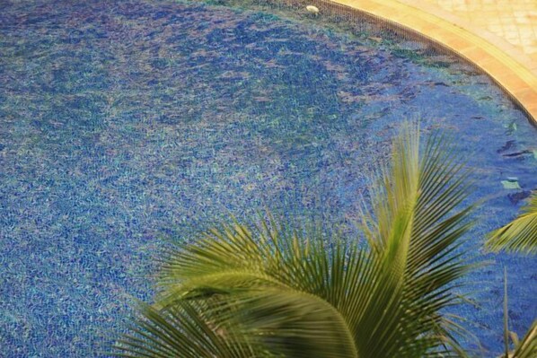 Uma piscina com água azul cristalina, rodeada por uma borda curva e palmeiras.