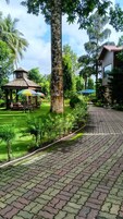 Uma trilha pavimentada leva a um gazebo com telhado de palha, cercado por vegetação exuberante e palmeiras.