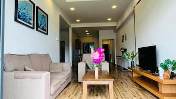 Apartamento de Luxo, vista para a montanha | Sala de estar | Televisor LED de 48 polegadas com canais digitais