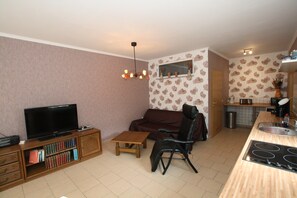 Uma sala de estar com televisão, estantes de livros, sofá e área de jantar com bancada e fogão.