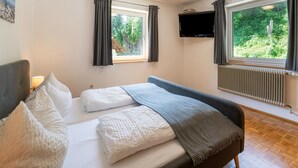 Quarto com cama, duas janelas, televisão e radiador.