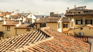 Vista de telhados de terracota em uma área urbana densamente construída.