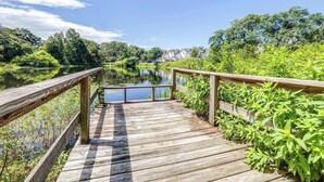 Um calçadão de madeira leva a um lago tranquilo, cercado por vegetação exuberante e árvores.