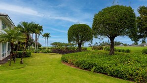 Um jardim bem cuidado, com gramados aparados, diversas árvores e um edifício grande com janelas amplas.