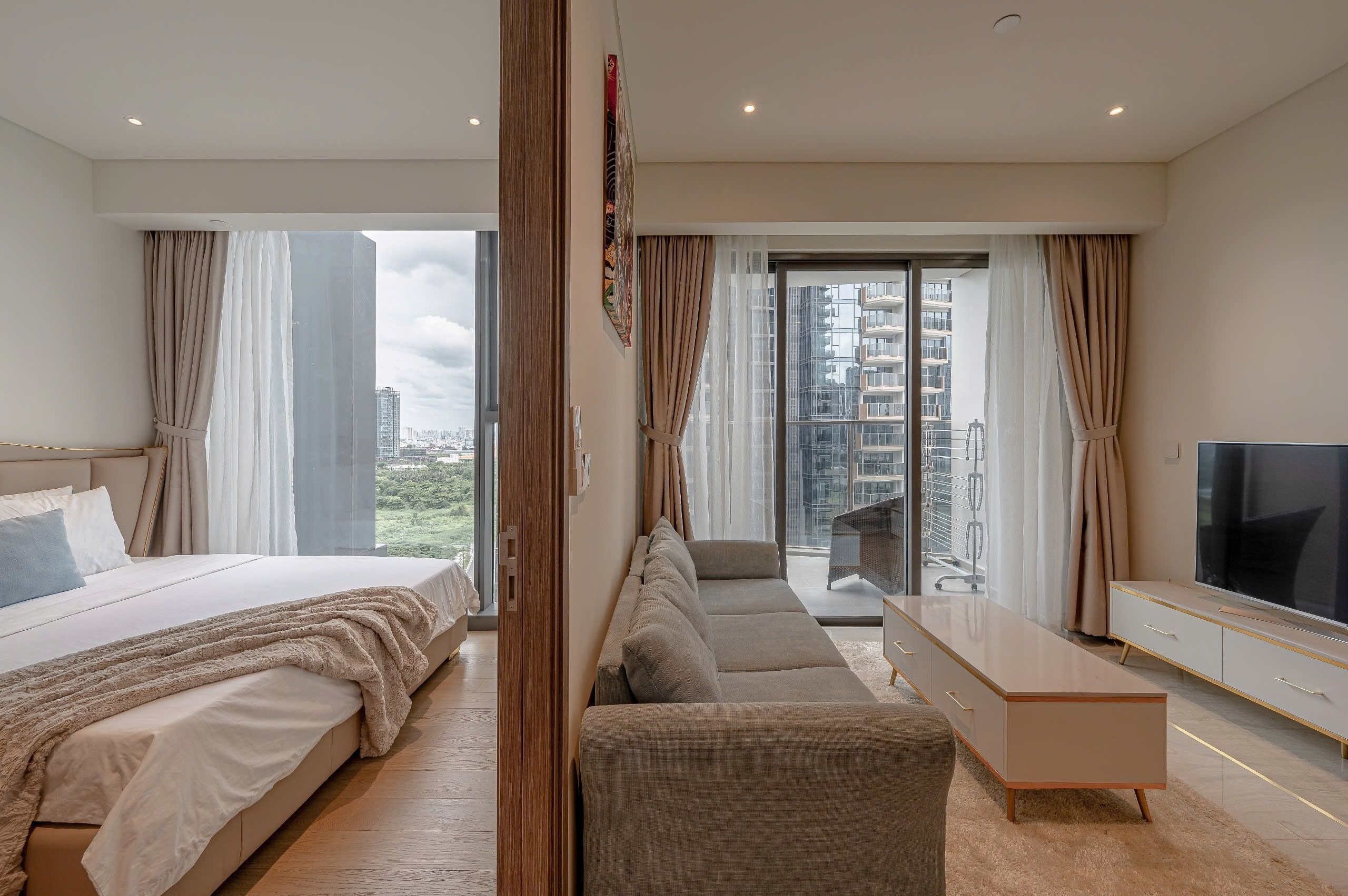 Apartamento Deluxe em Condomínio Fechado, 3 quartos, varanda, Vista para a cidade | Secretária, secretária adequada para computadores portáteis 