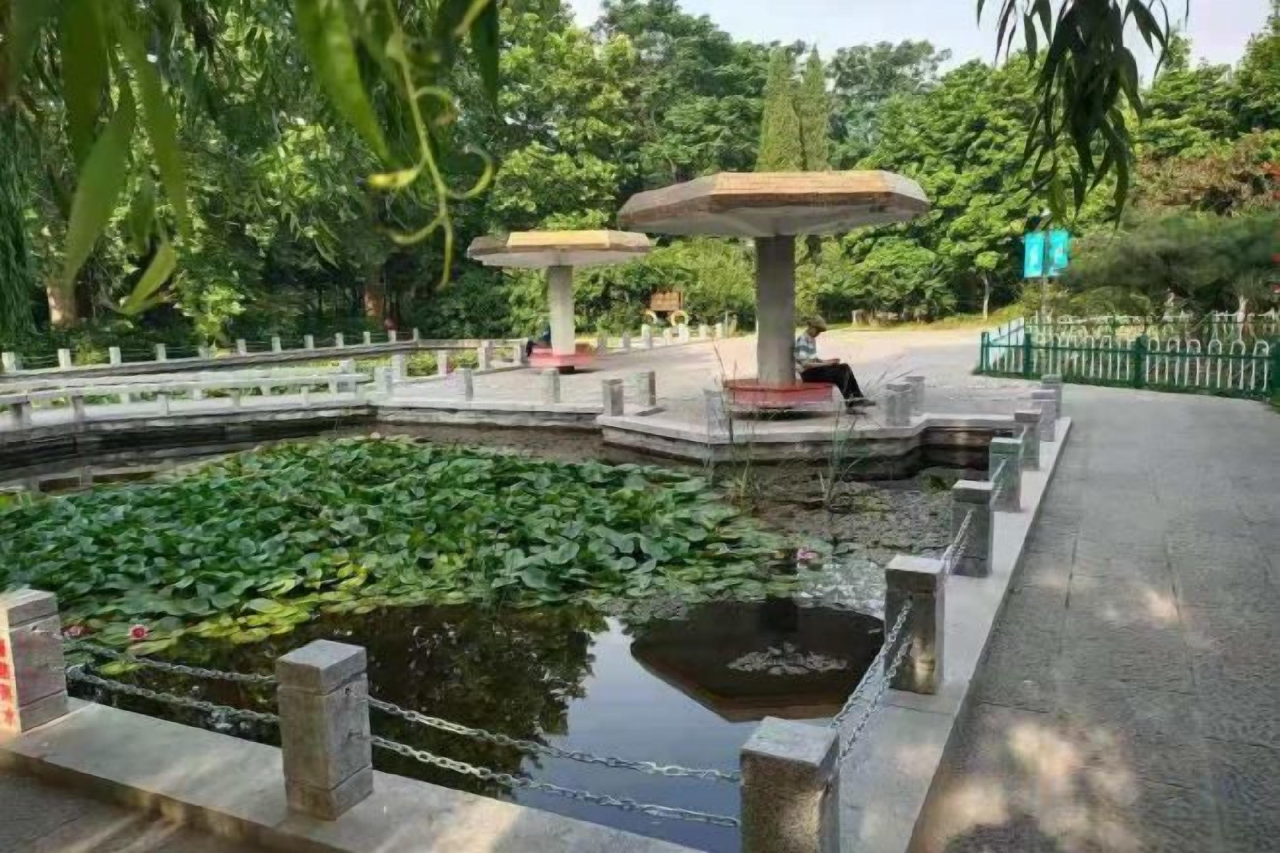 Um jardim tranquilo com lago, cercado por uma cerca branca, e apresentando uma fonte de pedra.