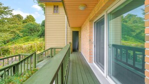 Um deck de madeira com guarda-corpo verde que dá para uma porta de vidro.