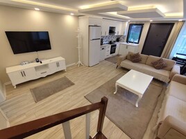 Vila, 2 quartos, vista para o lago | Área de estar | Smart TV 45 polegadas com canais via satélite