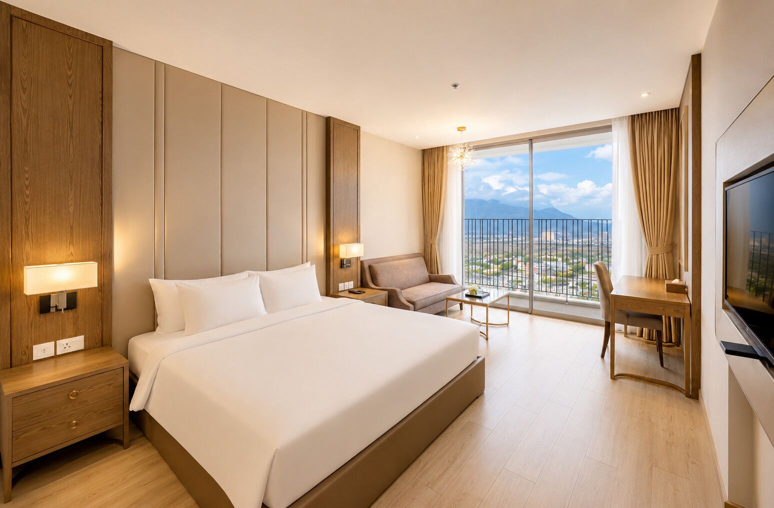 Apartamento Empresarial em Condomínio Fechado, 1 cama queen-size, varanda, Vista para a cidade | Lençóis de algodão egípcio, roupa de alta qualidade 